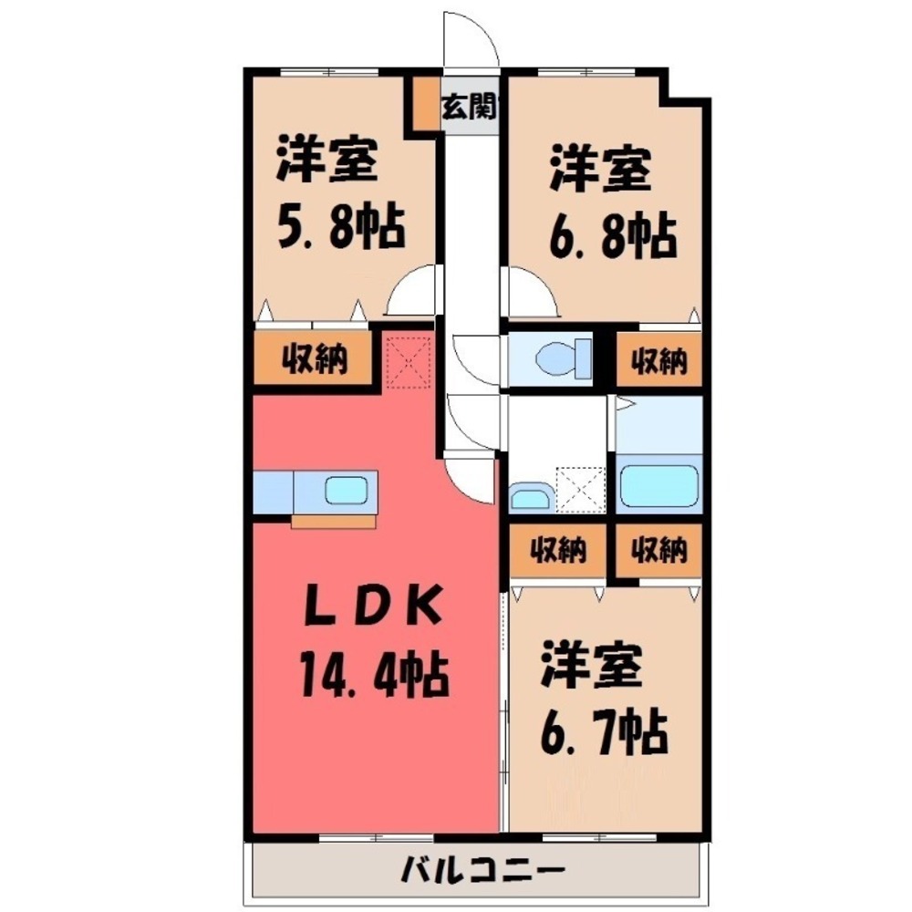 東北新幹線 宇都宮駅 地上3階建て 築15年 栃木県宇都宮市東宝木町 (9万円／3LDK (洋6.8 洋6.7 洋5.8 LDK14.4)／76.39㎡)｜賃貸物件(賃貸マンション・アパート ...