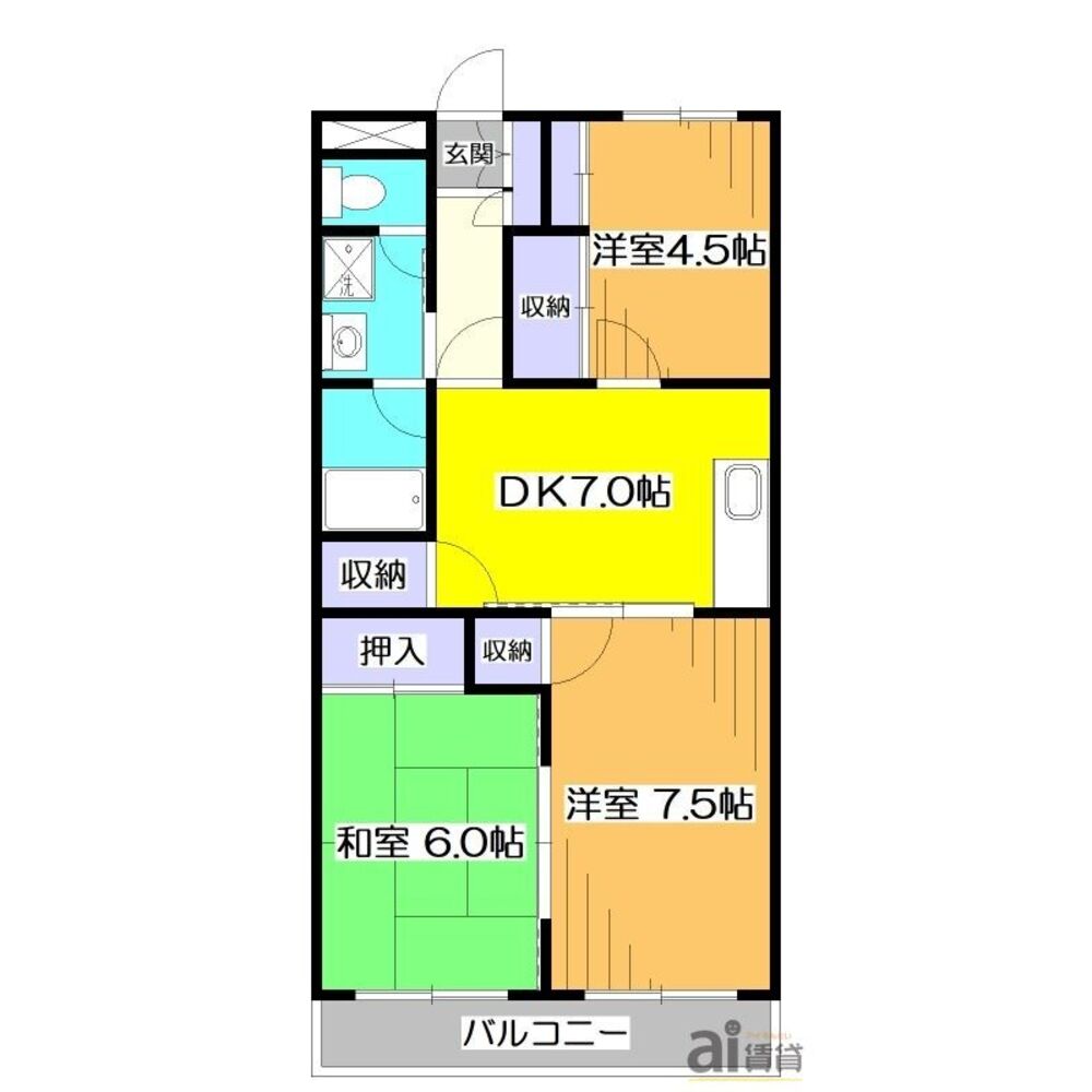 中央本線（JR東日本） 国立駅 3階建 築43年 東京都国分寺市日吉町3 (10.7万円／3DK (和6 洋7.5 洋4.5 DK7.0)／57㎡)｜賃貸物件(賃貸マンション・アパート・一戸 ...