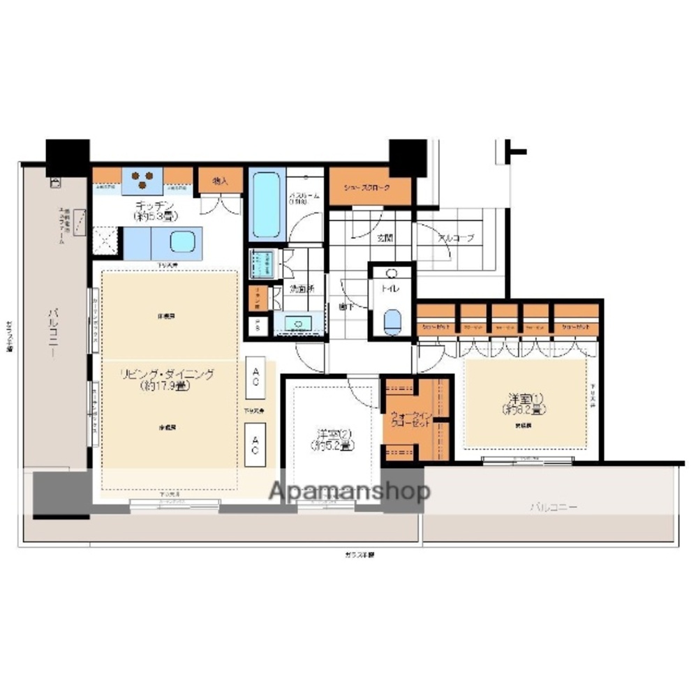 グランドメゾン福岡The Central Luxe 福岡県福岡市中央区渡辺通2 (53万円／2LDK (洋8.2 洋5.2 LDK23.2)／87.46㎡)｜賃貸物件(賃貸マンション・アパート ...