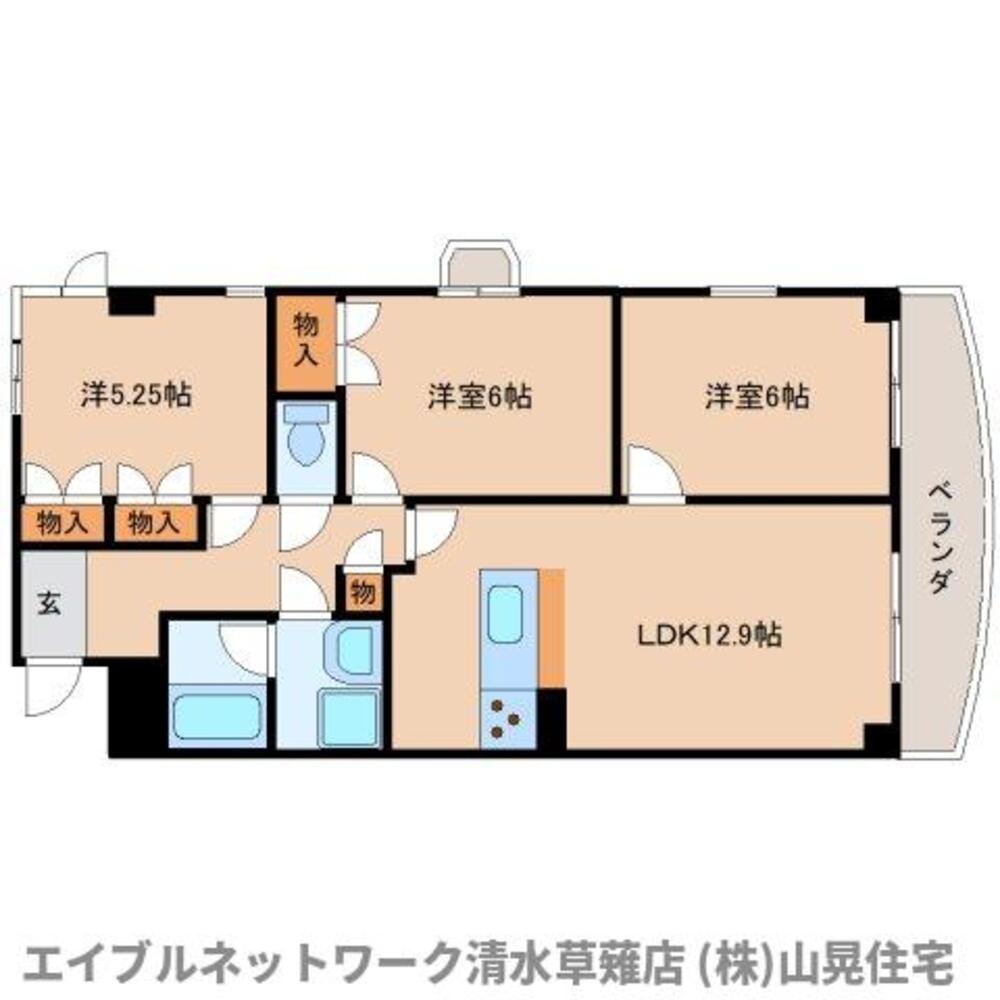 東海道本線（JR東海） 草薙駅 4階建 築27年 静岡県静岡市清水区草薙3 (9.5万円／3LDK (洋6 洋6 洋5.2 LDK12.8)／59.28㎡)｜賃貸物件(賃貸マンション・アパート ...