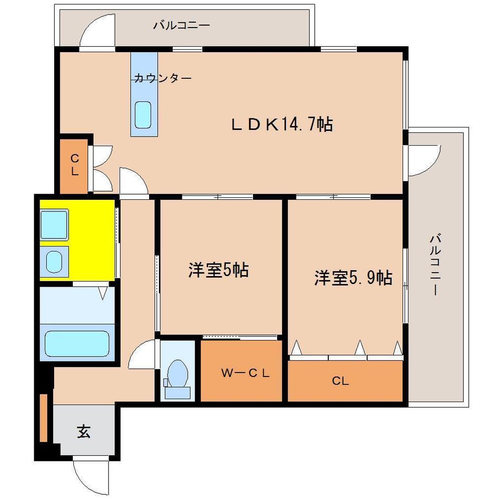 Alte Meister 堀川(アルテマイスター堀川) 宮崎県宮崎市堀川町 (9.6万円／2LDK (洋5.9 洋5 LDK14.7)／64.32㎡)｜賃貸物件(賃貸マンション・アパート・一戸 ...