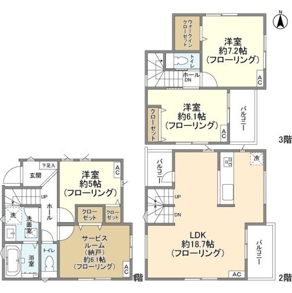 都営新宿線 篠崎駅 地上3階建て 築2年 東京都江戸川区篠崎町3丁目 (24.7万円／3SLDK (洋室5 洋室6.1 洋室7.2 LDK18.7 納戸6.1)／97.9㎡)｜賃貸物件(賃貸 ...