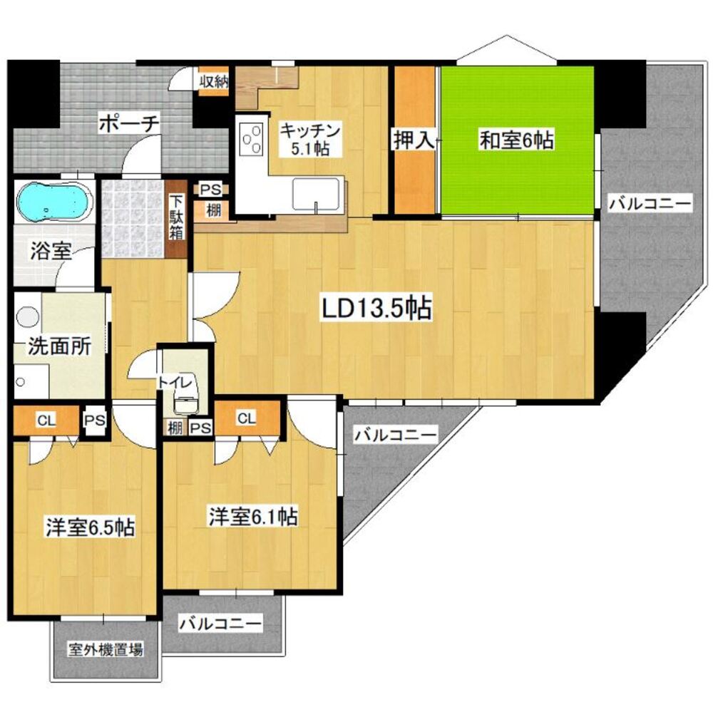 西鉄天神大牟田線 西鉄平尾駅 地上15階建て 築22年 福岡県福岡市博多区美野島3丁目 (13.2万円／3LDK (和室6 洋室6.1 洋室6.5 LDK13.5)／80.53㎡)｜賃貸物件 ...