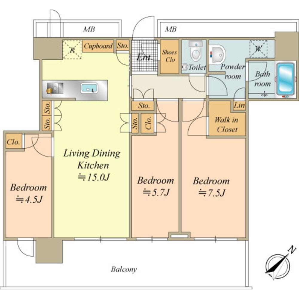 MID TOWER GRAND 東京都中央区月島1丁目 (40万円／3LDK (洋室4.5 洋室5.7 洋室7.5 LDK15)／75.23㎡)｜賃貸物件(賃貸マンション・アパート・一戸建て ...