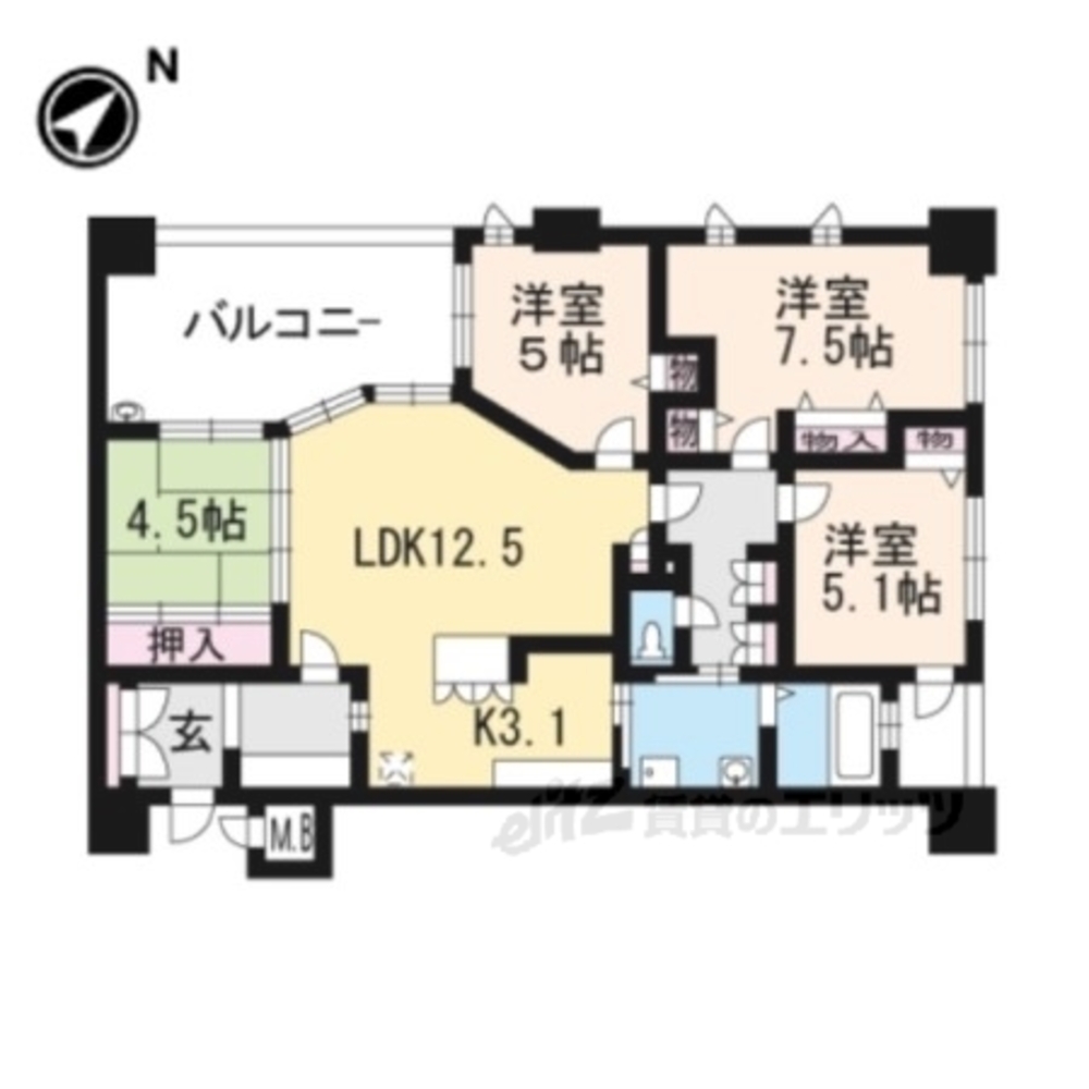 東海道本線（JR西日本） 南草津駅 地上14階建て 築21年 滋賀県草津市野路1丁目 (13万円／4LDK (和室4.5 洋室5 洋室5.1 洋室7.5 LDK15.6)／85.92㎡)｜賃貸 ...