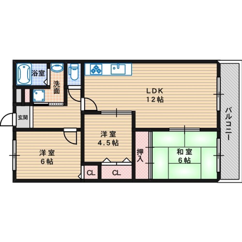 シャトー住道矢田 大阪府大阪市東住吉区住道矢田1丁目 (7.5万円／3LDK (和室6 洋室4.5 洋室6 LDK12)／64.38㎡)｜賃貸物件(賃貸マンション・アパート・一戸建て)の住宅 ...