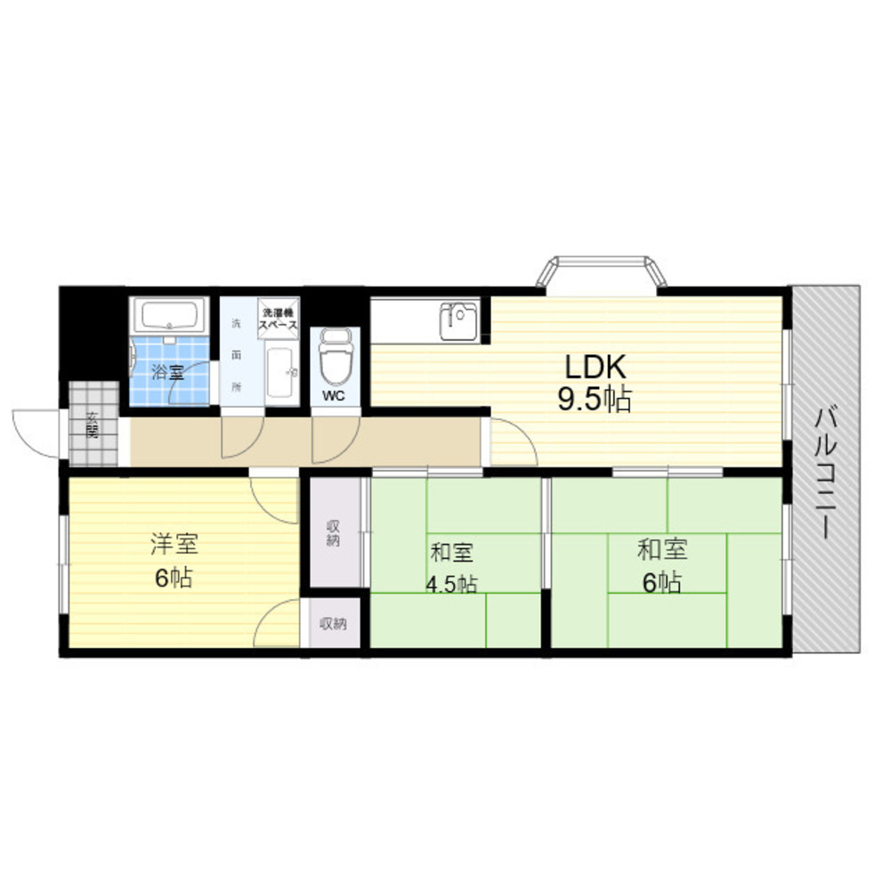 片町線 鴻池新田駅 地上4階建て 築35年 大阪府東大阪市新庄2丁目 (6.2万円／3LDK (和室4.5 和室6 洋室6 LDK9.5)／59.4㎡)｜賃貸物件(賃貸マンション・アパート ...