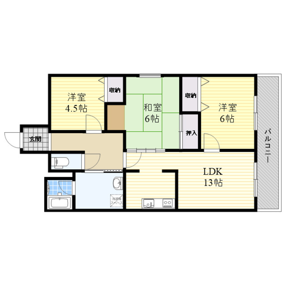 東海道本線（JR西日本） 千里丘駅 地上6階建て 築34年 大阪府吹田市山田南 (8万円／3LDK (和室6 洋室4.5 洋室6 LDK13)／63㎡)｜賃貸物件(賃貸マンション・アパート ...