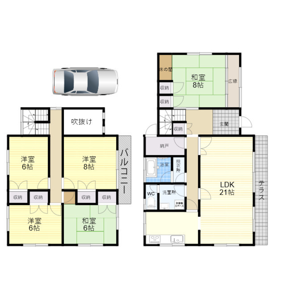 近鉄生駒線 元山上口駅 地上2階建て 築44年 奈良県生駒郡平群町緑ケ丘6丁目 (7万円／5LDK (和室6 和室8 洋室6 洋室6 洋室8 LDK21)／140.77㎡)｜賃貸物件(賃貸 ...