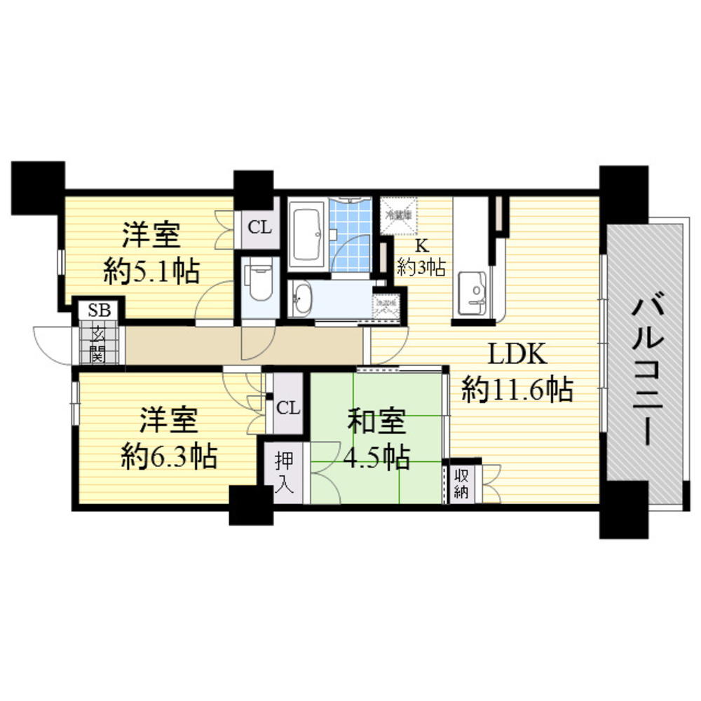 エル・セレーノ上本町レジデンス 大阪府大阪市天王寺区筆ケ崎町 (17万円／3LDK (和室4.5 洋室5.1 洋室6.3 LDK14.6)／68.05㎡)｜賃貸物件(賃貸マンション・アパート ...